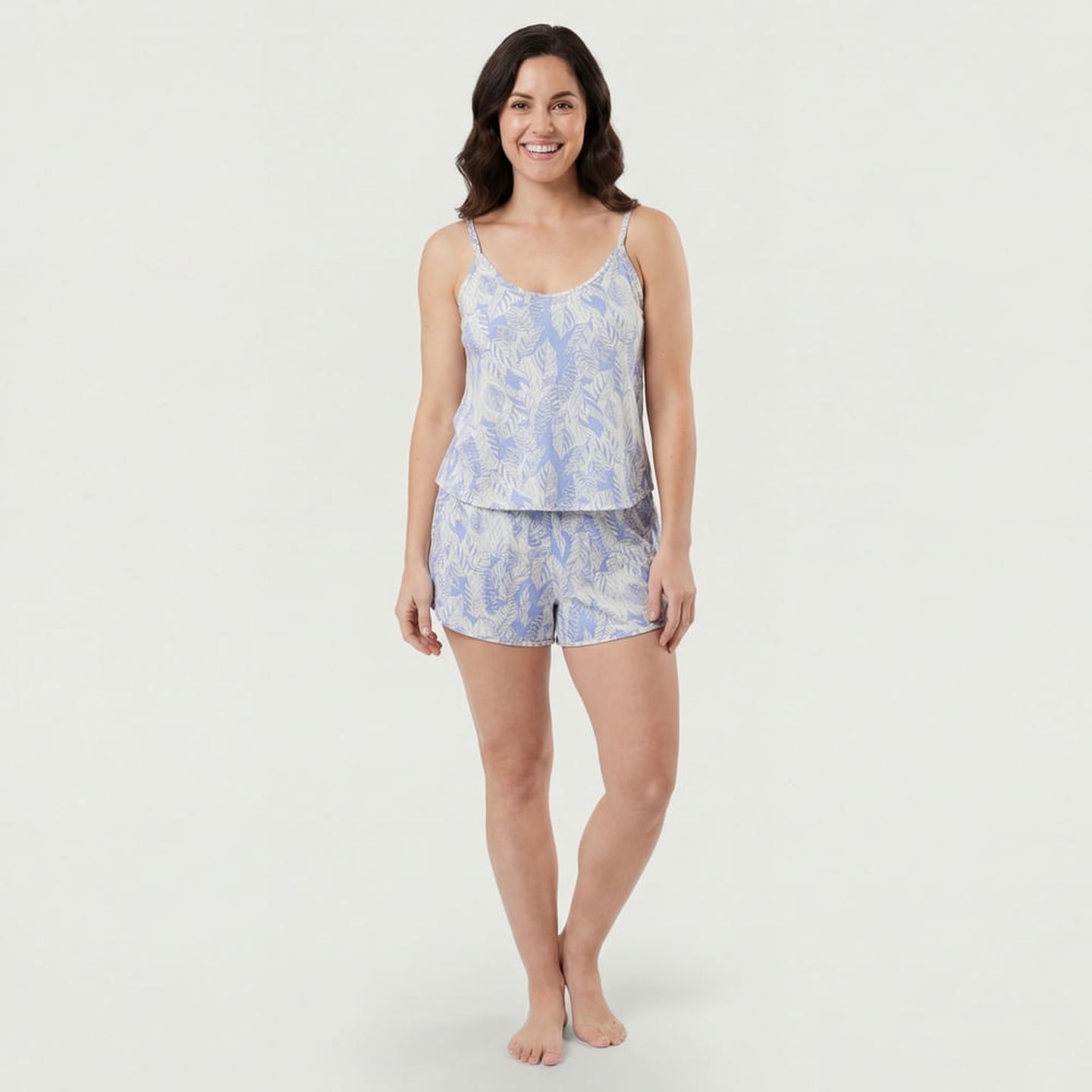 Short doll feminino sem manga folhagem azul 100% poliamida - Del Rio